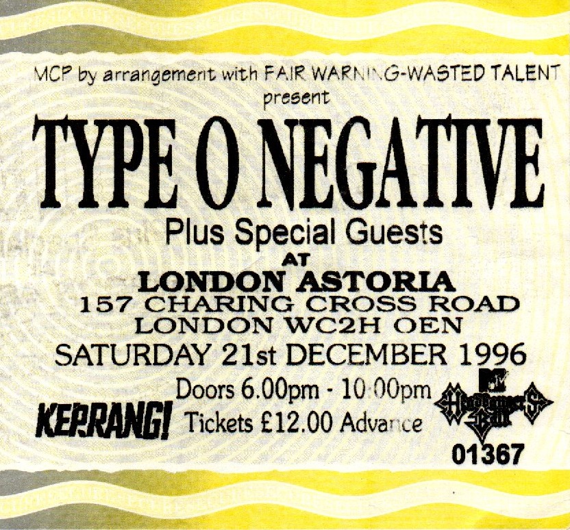 GIG 314: Type O Negative / Moonspell – Astoria, 21st December 1996 ...